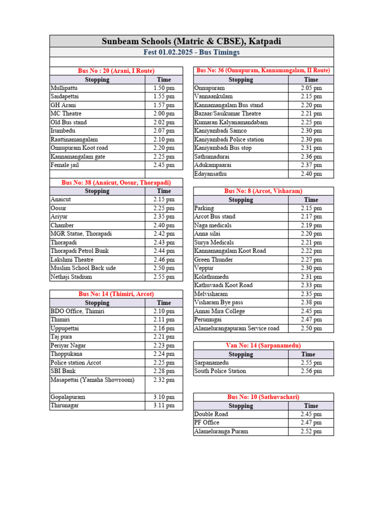 SunbeamFest Katpadi, Bus Timings - 01.02.2025 | PDF