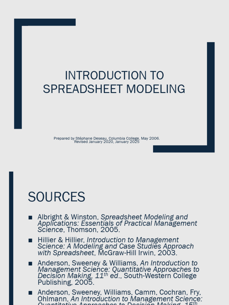 INTRODUCTION TO SPREADSHEET MODELING JANUARY 2025 | PDF | Variable (Mathematics) | Loss Function