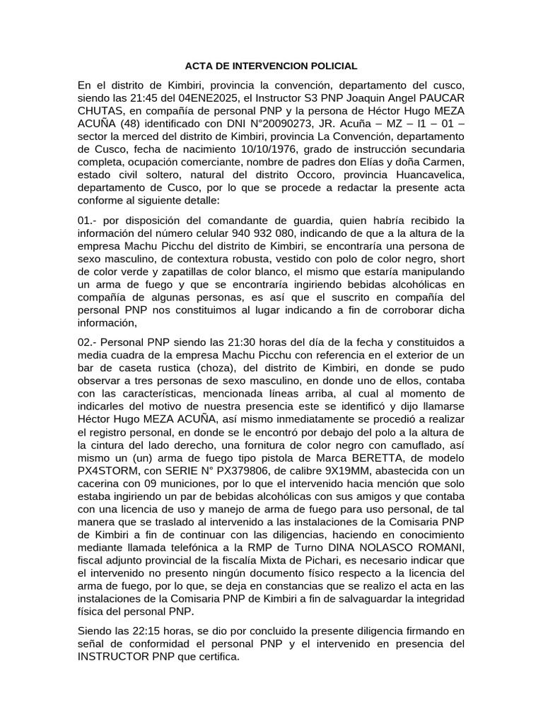 Acta de Intervencion Policial | PDF