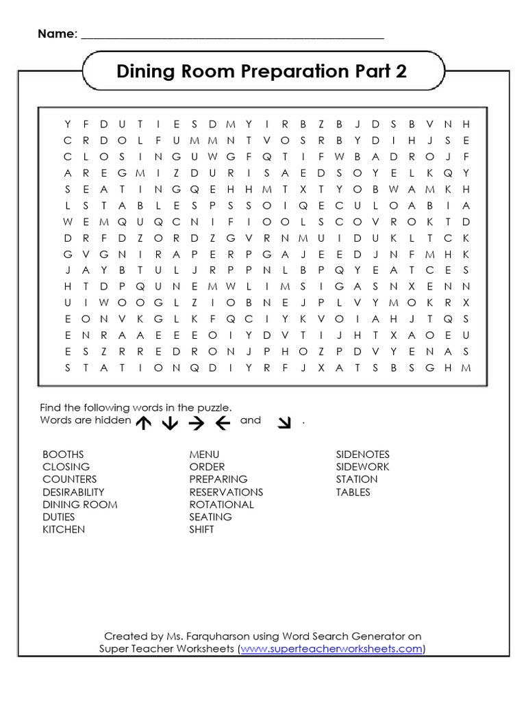 Dining Room Duties Word Search Puzzle | PDF