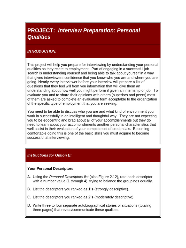 Chapter3 - Project-Interview Preparation-Personal Qualities | PDF