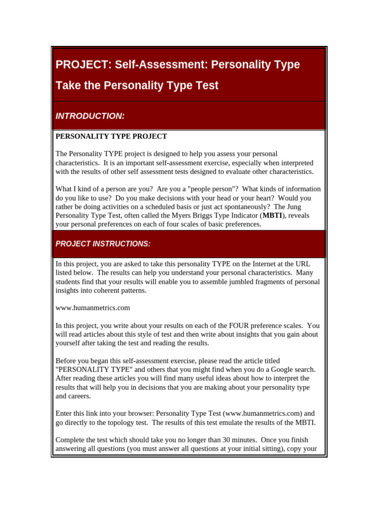 Chapter 3 - Project-Self-Assessment-Personality Type ( | PDF ...
