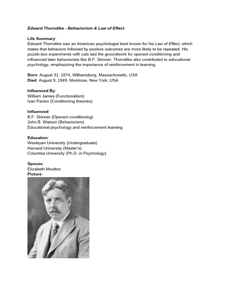 Edward Thorndike - Behaviorism & Law of Effect | PDF