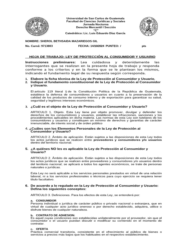 Hoja de Trabajo, Ley de Proteccion Al Consumidor o Usuario | PDF | Protección al Consumidor ...