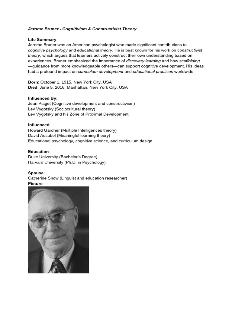 Jerome Bruner - Cognitivism & Constructivist Theory | PDF
