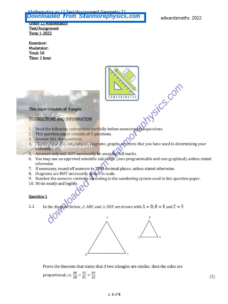 Maths Grade 12 Geometry Term 1 Investigation 2022 and Memo | PDF