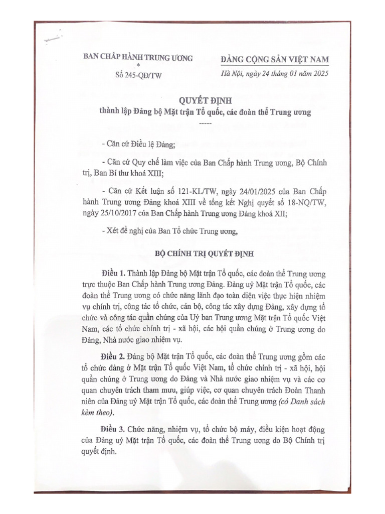 QD cua Bo Chinh tri thanh lap Dang bo Mat tran To quoc, cac doan the ...