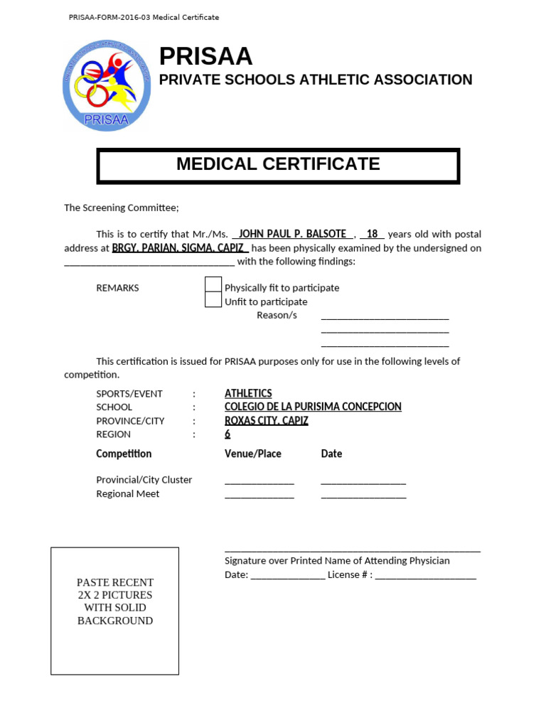 Medical Consent (MEN) - PRISAA-2024-2025 | PDF | Practice Of Medicine | Document