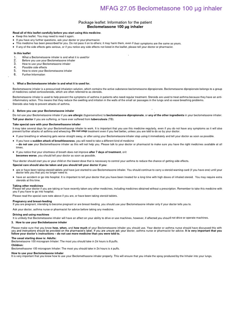 Beclometasone 100 µg Inhaler Guide | PDF | Asthma | Corticosteroid