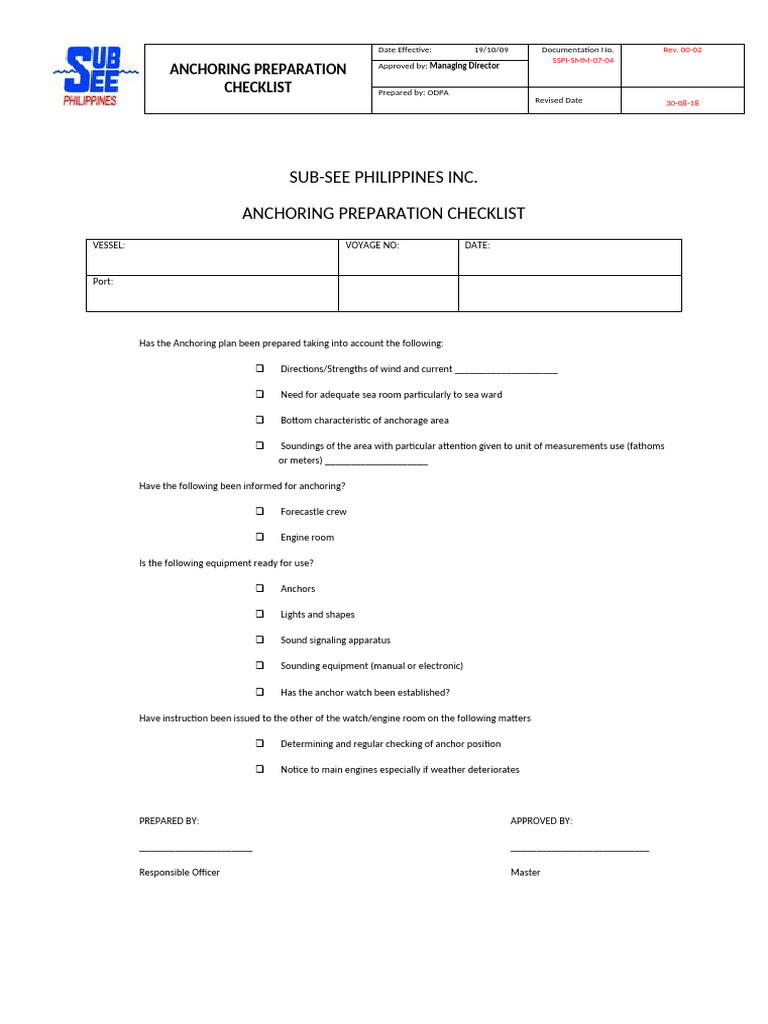 B.13) Anchoring Preparation Checklist | PDF | Anchor | Maritime Incidents