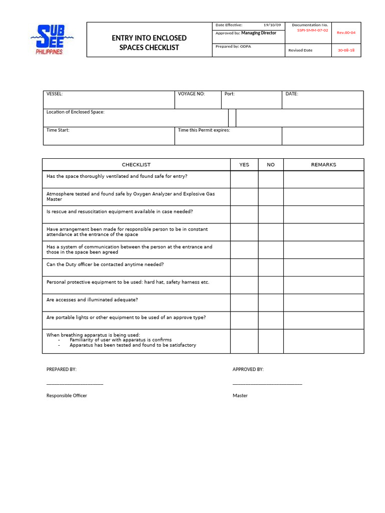 B.11) Entry into Enclosed Spaces Checklist | PDF