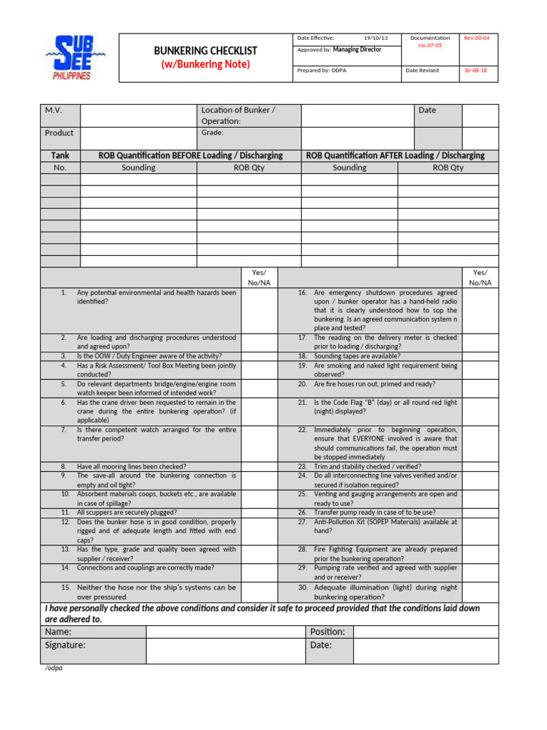 B.14) BUNKERING CHECKLIST . PLAN | PDF