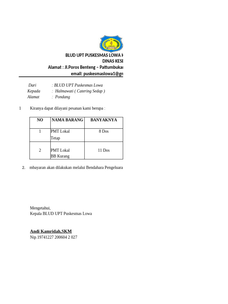 Nota Pesanan PMT Lokal File | PDF