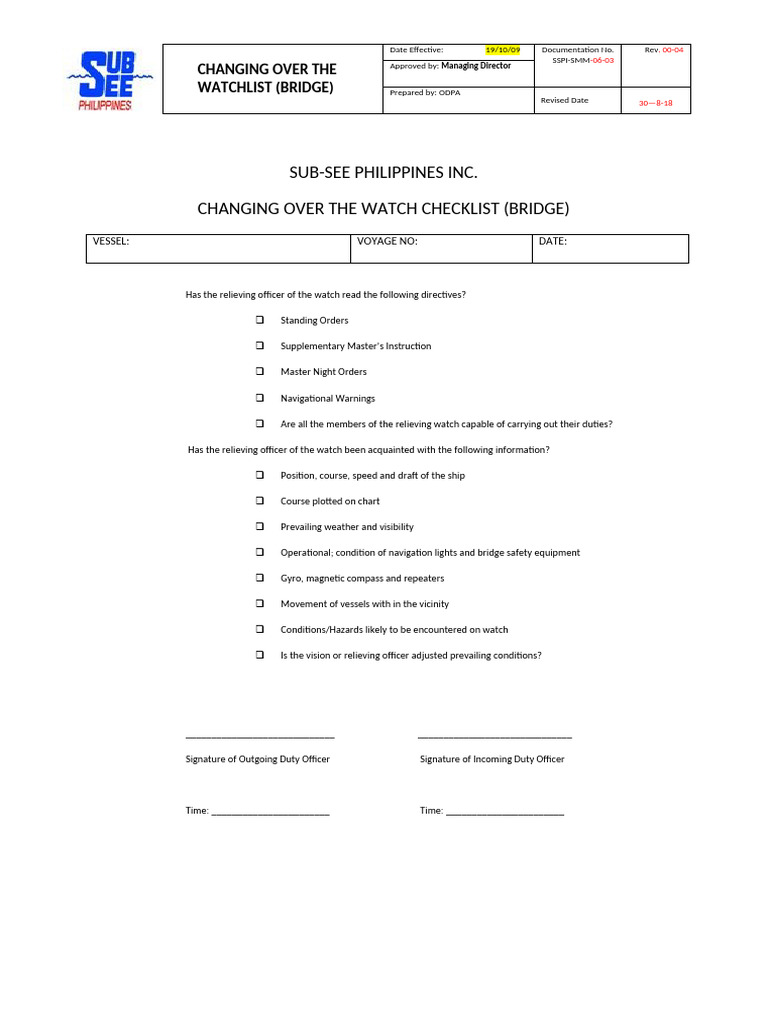 A.3) Changing Over the Watch Checklist (Bridge) | PDF