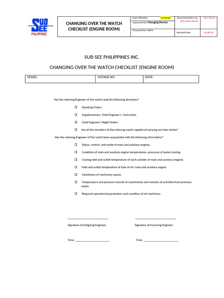 A.4) Changing Over The Watch Checklist (Eng - RM.) | PDF