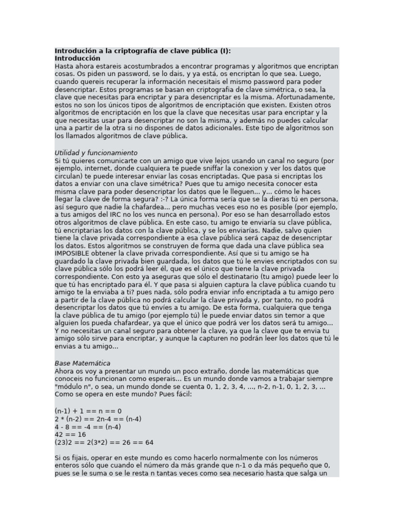 Introdución A La Criptografía de Clave Pública | PDF | Clave (criptografía) | Criptografía de ...
