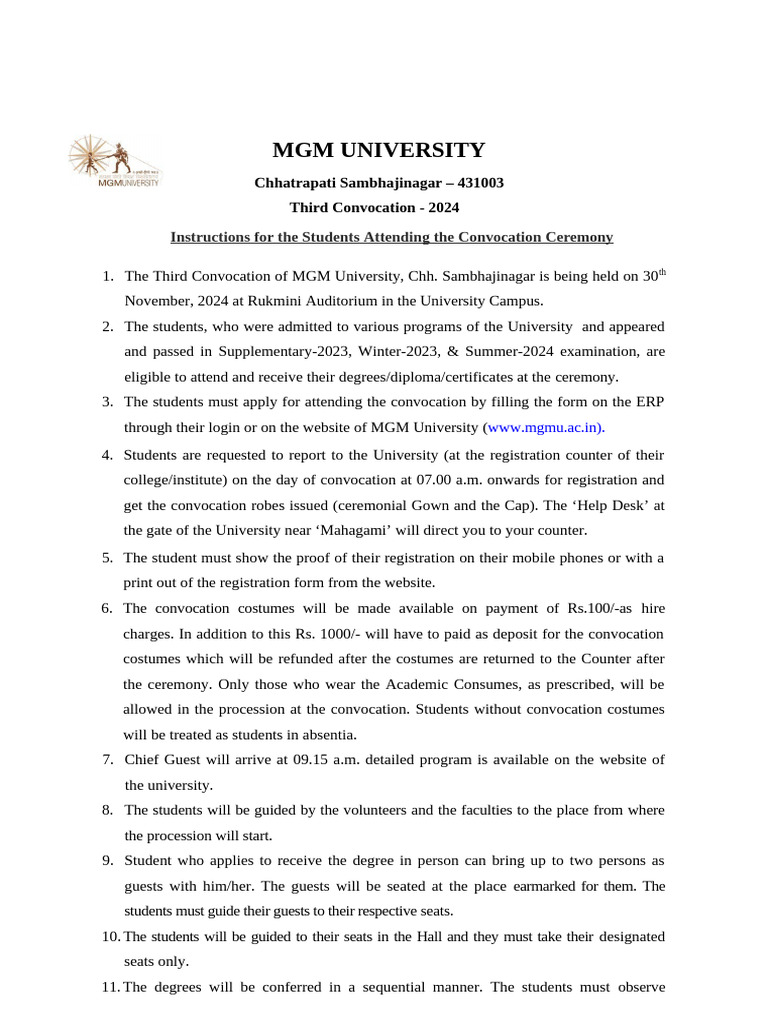 Instructions to Students_3rd Convocation Saturday, 30thNovember, 2024 | PDF | Academia