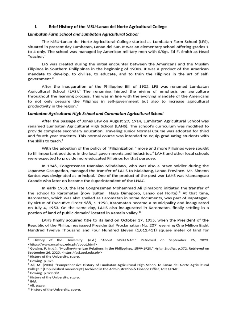 Brief History of MSU-LNAC CAMPUS | PDF