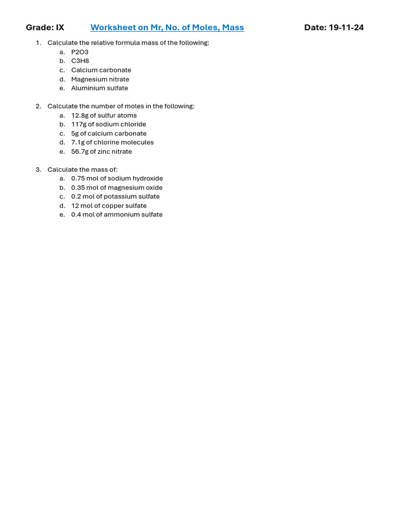 Worksheet 1 - MR, No. of Moles, Mass | PDF