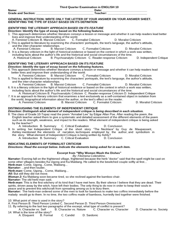 English 10 Third Quarter Exam Guide | PDF | Pronoun | Essays