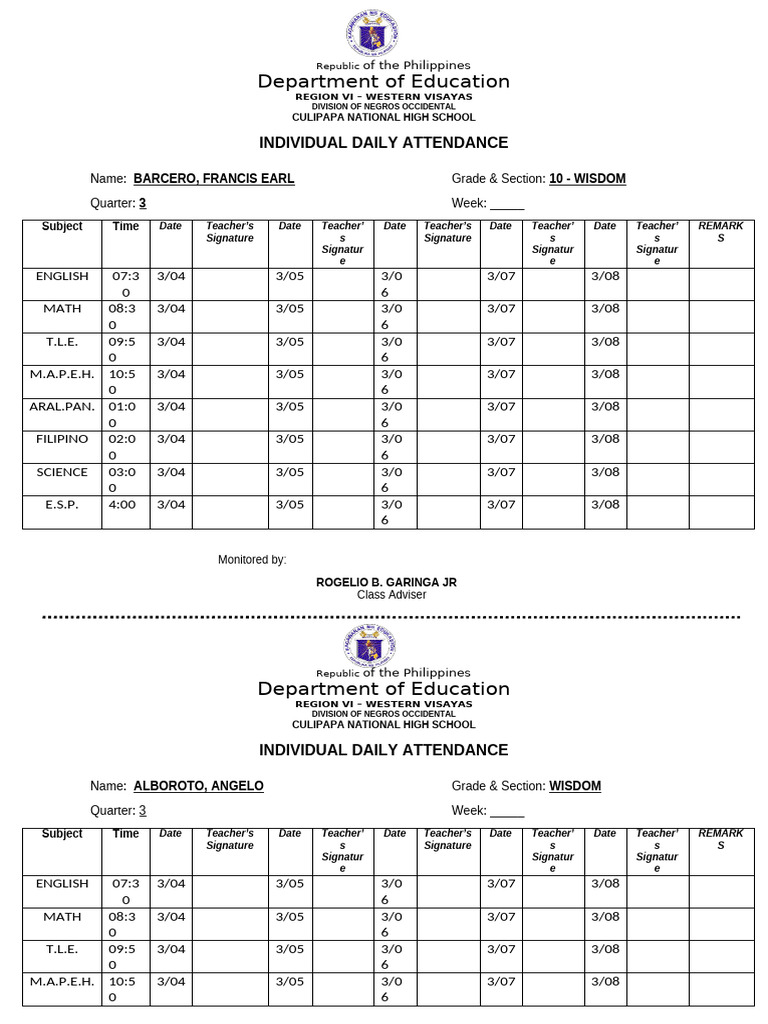 Daily Attendance Record for Grade 10 | PDF | Philippines | Public ...