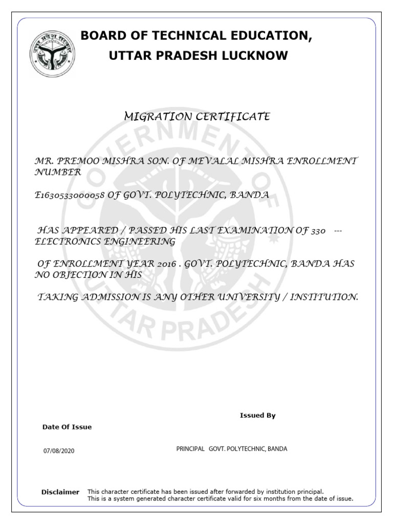 Board of Technical Education, Uttar Pradesh Lucknow: Migration ...