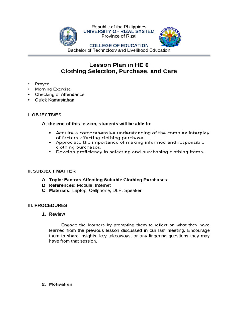 lesson-plan-HE-8 | PDF | Clothing | Fashion
