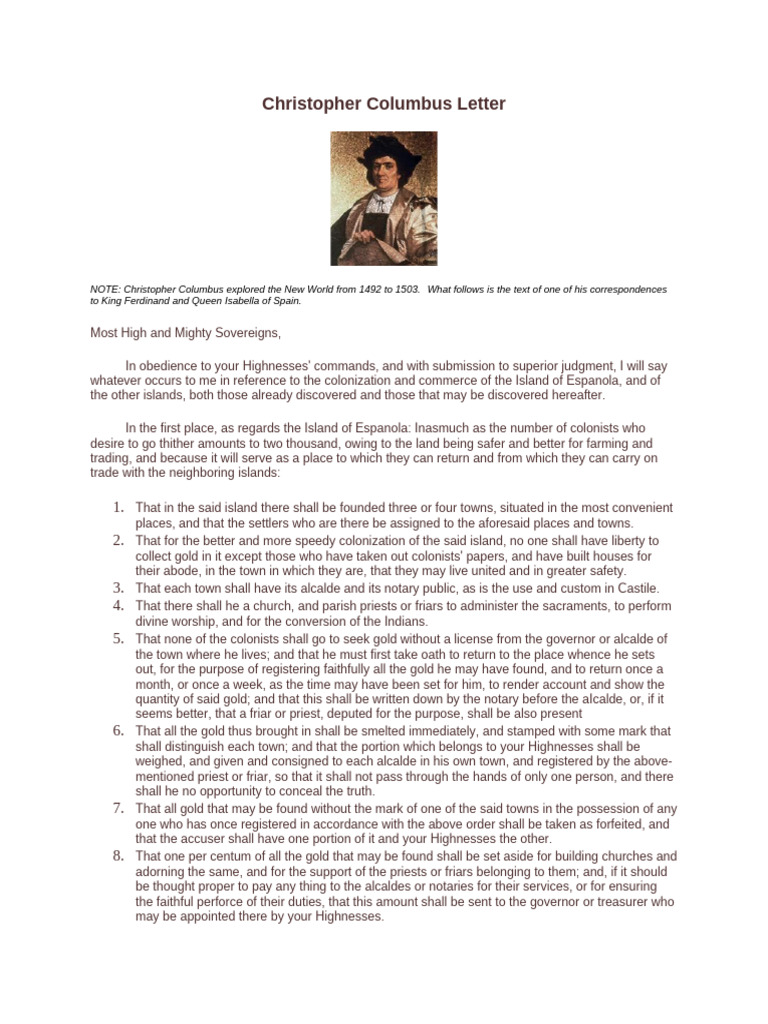 Christopher Columbus Letter | PDF | Christopher Columbus | Ships