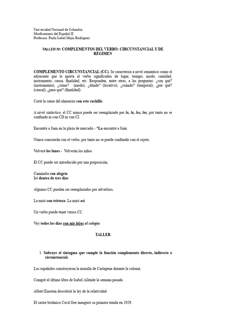 Taller IV Complemento Circunstancial y de Rã©gimen | PDF | Pronombre | Verbo