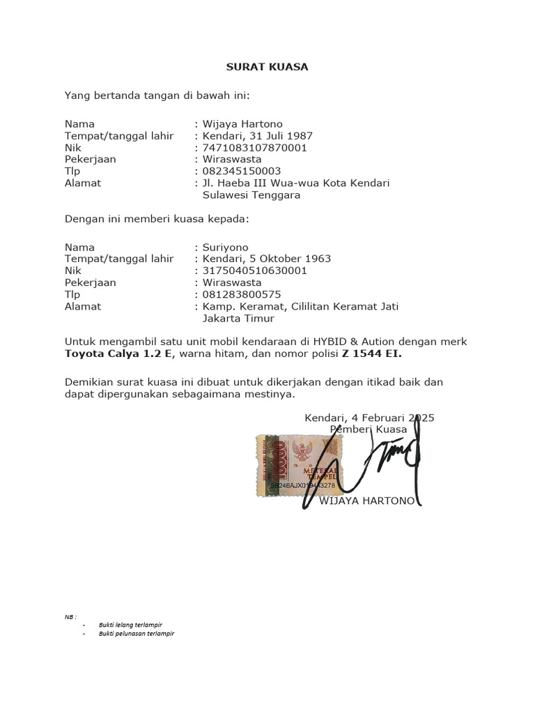 Surat Kuasa Pengambilan Mobil Ke Balai Lelang | PDF