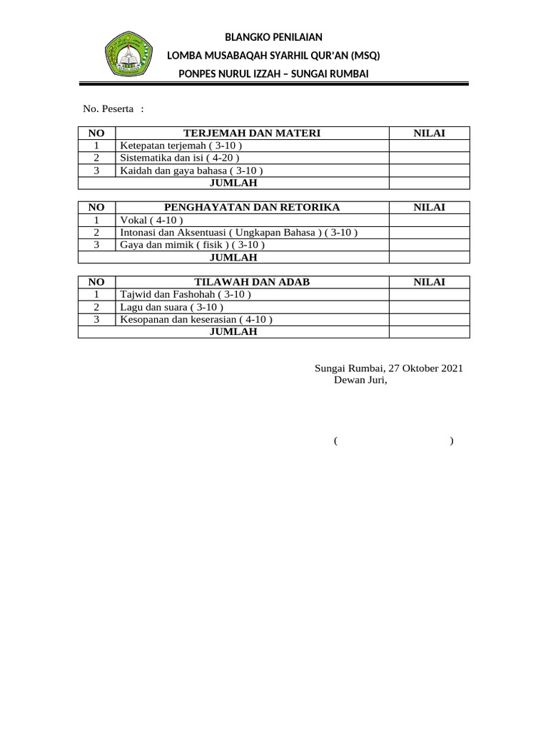 Blangko Nilai MSQ | PDF