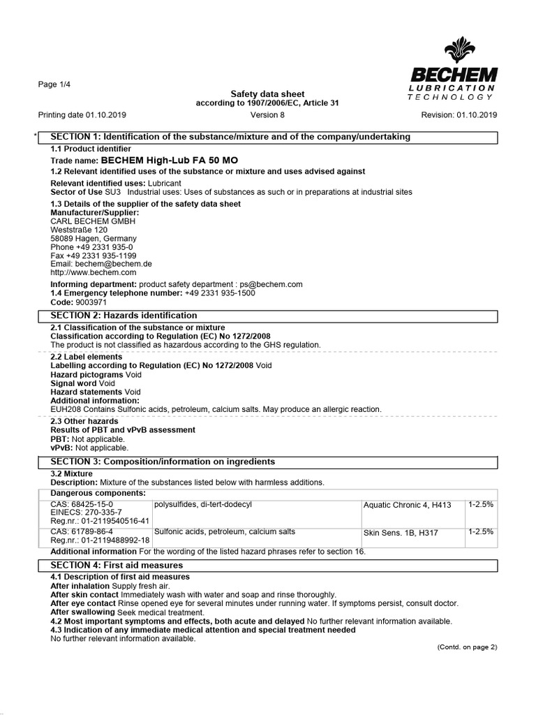 BECHEM High Lub FA 50 MO MSDS en | PDF | Occupational Safety And Health ...