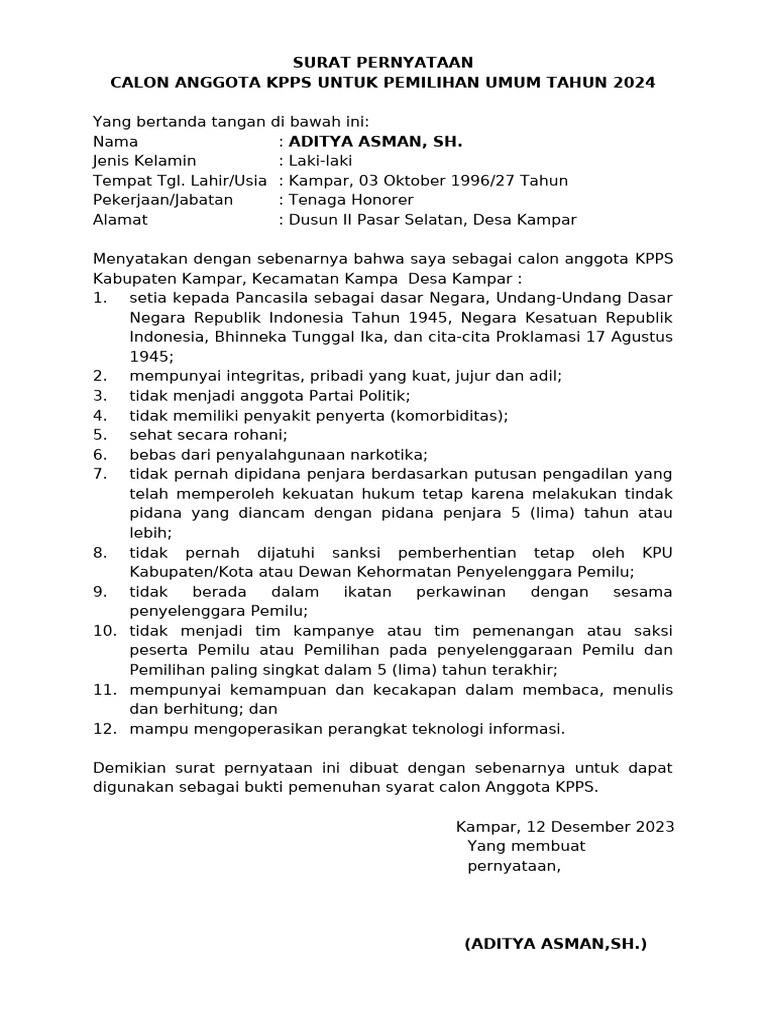 00 SURAT PERNYATAAN KPPS ADIT | PDF
