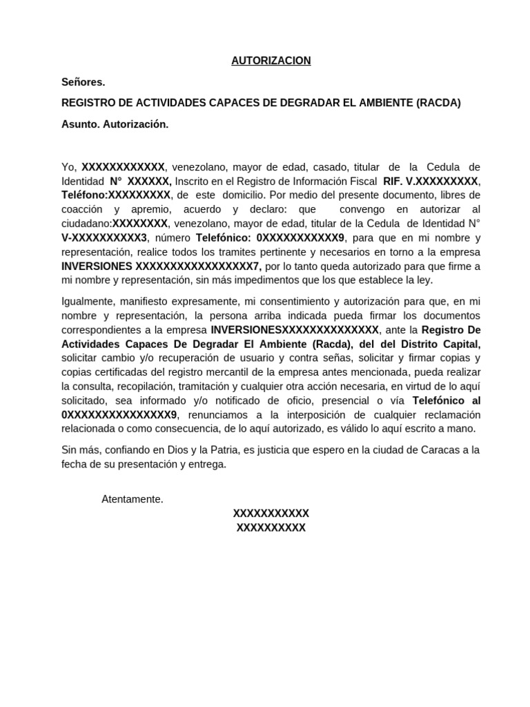Autorizacion Racda Empresa Manuel Tacagua | PDF