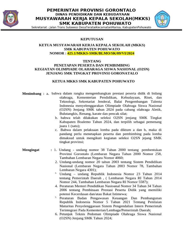 SK Penetapan Peserta & Pendamping O2sn SMK Kab. Boalemo 1 | PDF