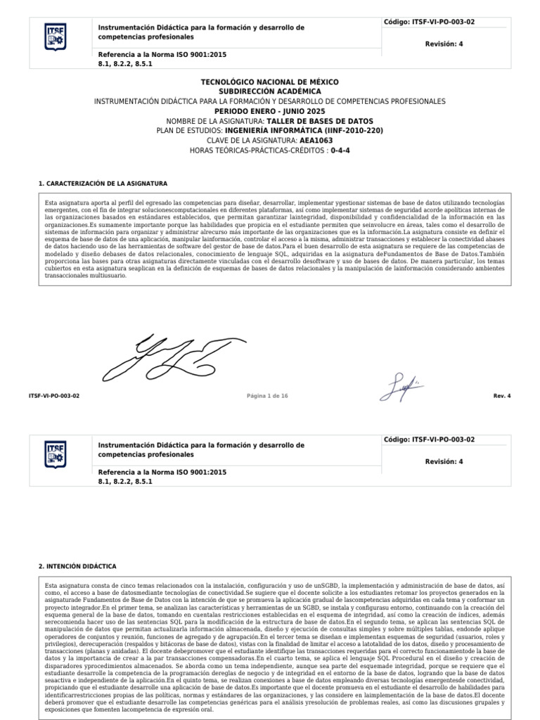 InstrumentacionDidactica-TALLER de BASES de DATOS-A - InG. INF - Signed - Firmado | PDF | Bases ...