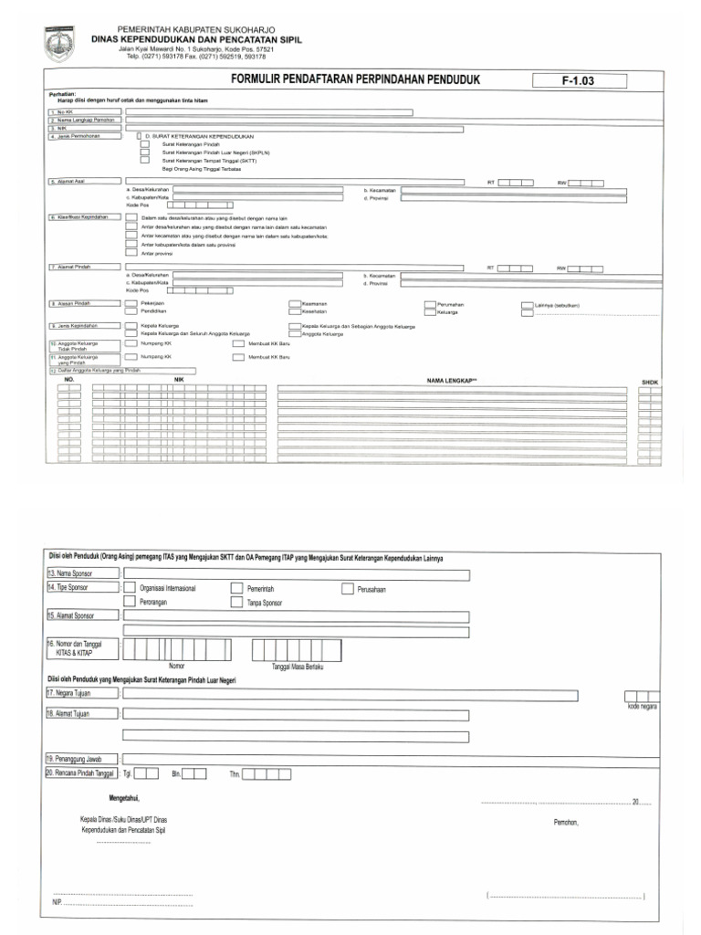7. Formulir Pendaftaran Perpindahan Penduduk (F-1.03) | PDF