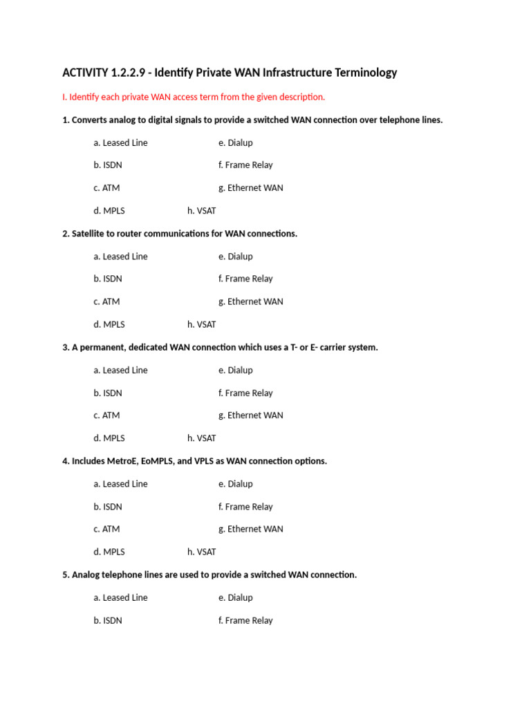 CCNA 4 - WAN Concepts - Activity 1.2.2.9 | PDF | Networking | Multiprotocol Label Switching