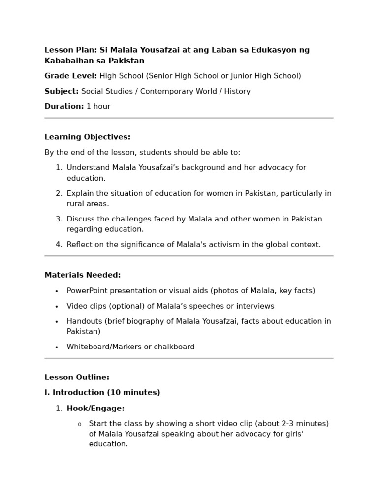 Lesson Plan On Malala Life Story | PDF | Malala Yousafzai | Female ...