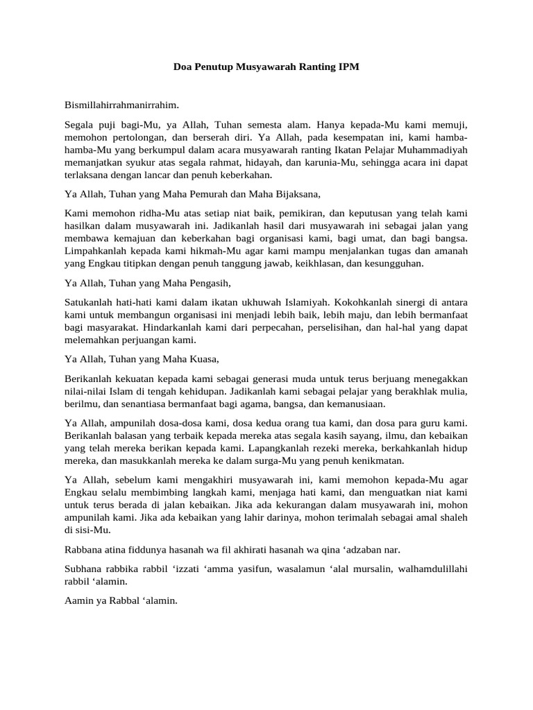 Doa Penutup Musyawarah Ranting IPM | PDF
