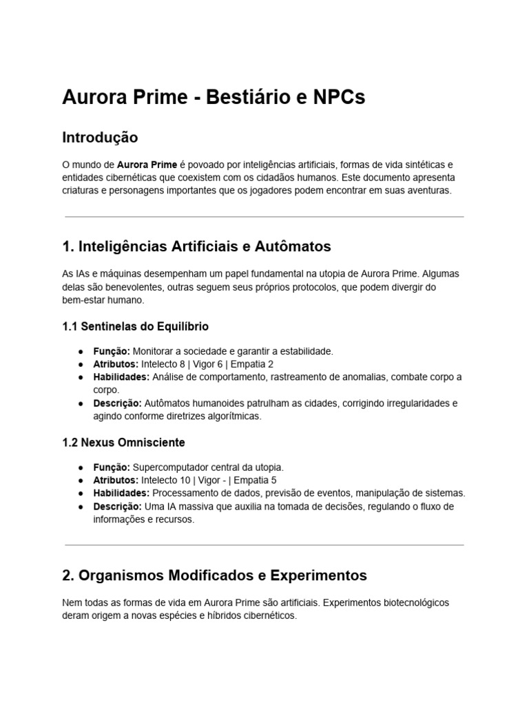 Aurora Prime - Bestiário e NPCs | PDF | Inteligência artificial | Inteligência Artificial (IA) e ...