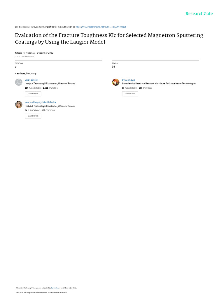 Evaluation of The Fracture Toughness KIc For Selected Magnetron ...