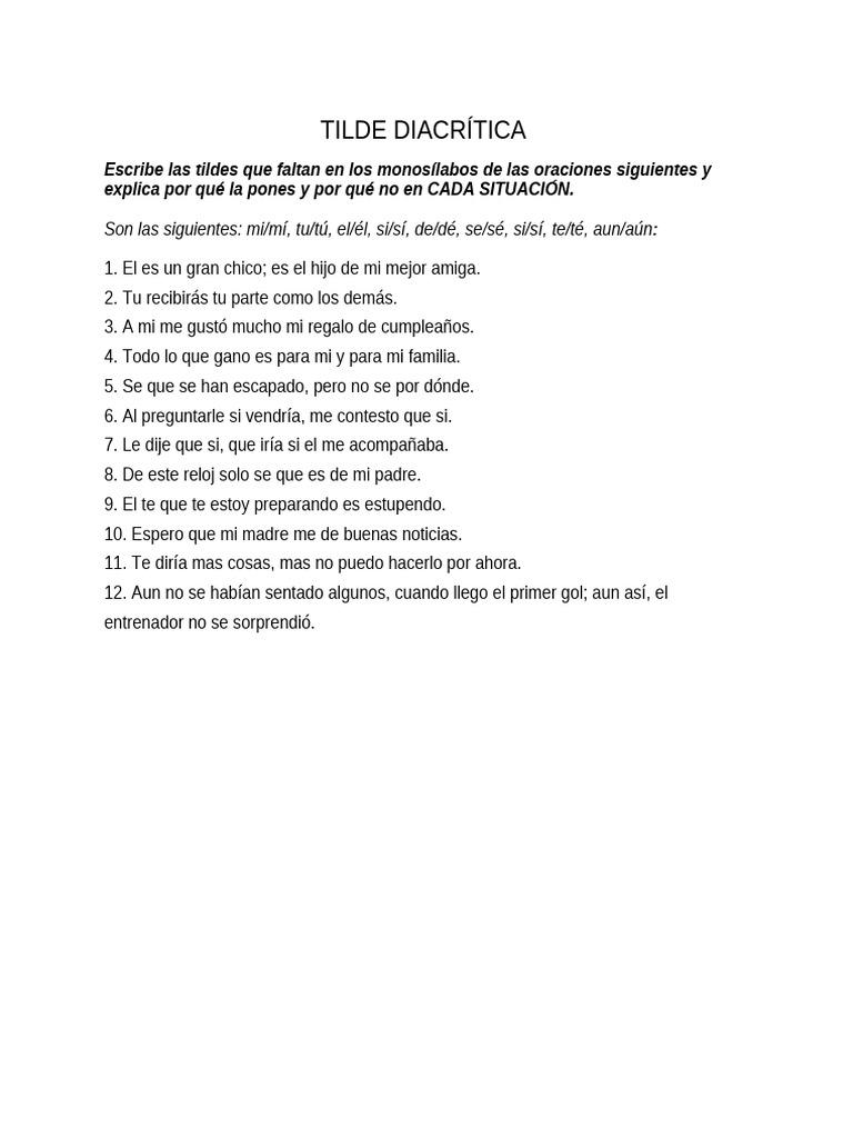 Ejercicios de Tilde Diacrítica | PDF