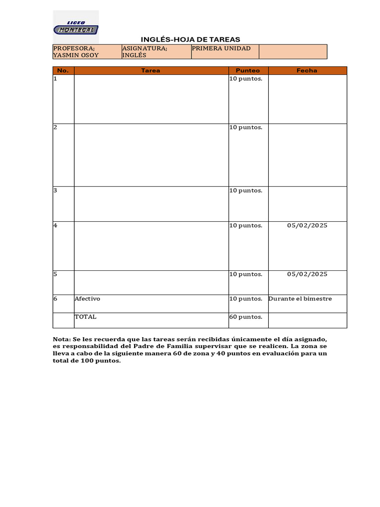 Hoja de Tareas-Segundo Primaria A-B | PDF