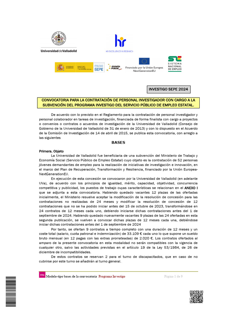 CONVOCATORIA CONTRATOS PROGRAMA INVESTIGO SEPE | PDF