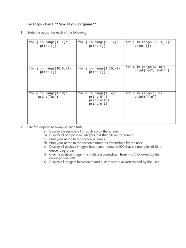 For Loops Programming Exercises | PDF