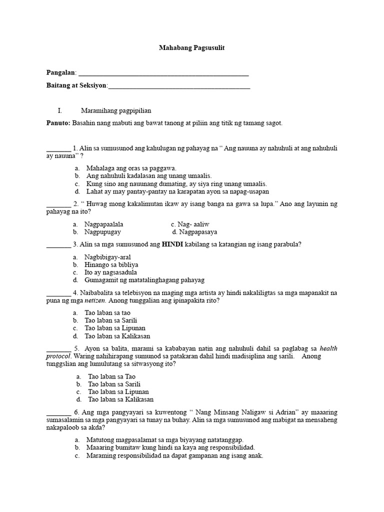 Mahabang Pagsusulit Sa Filipino 9 | PDF