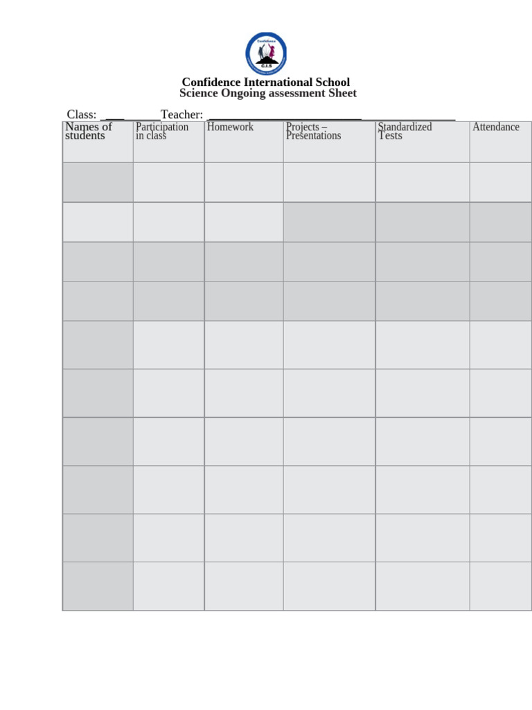 Science Ongoing Assessment Sheet - First Term | PDF
