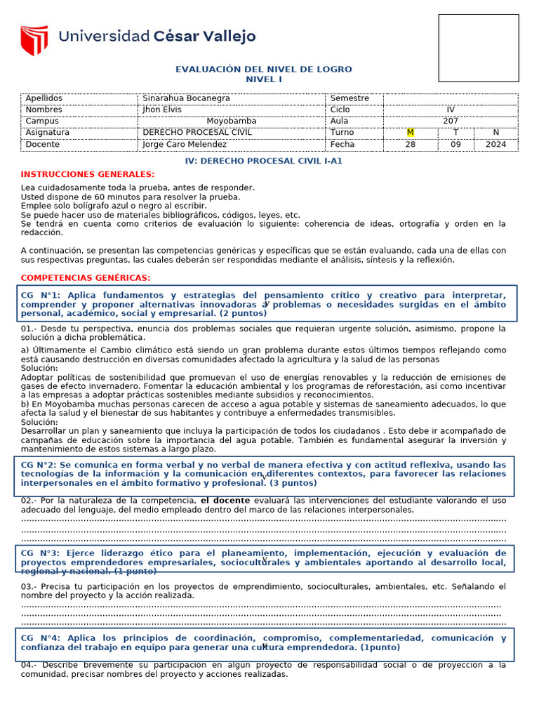 Evaluación Derecho Procesal Civil | PDF | Constitución | Justicia
