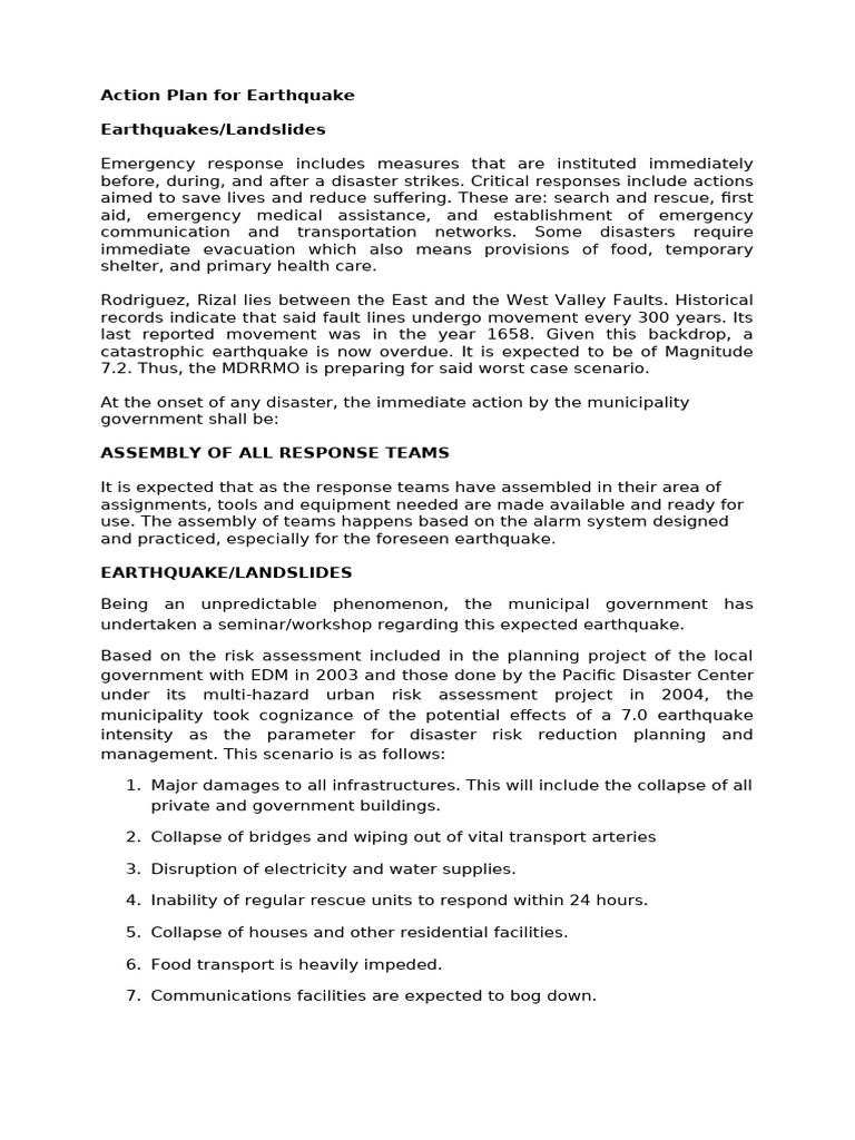 Earthquake Emergency Response Plan | PDF | Earthquakes | Emergency